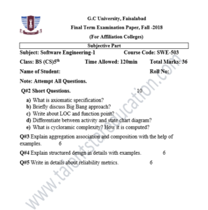 BSCS Computer Science GCUF Past Papers For Affiliated Colleges
