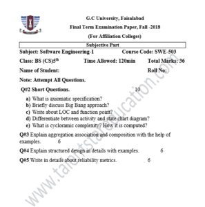 BSCS Gcuf Past Paper For Affiliated Colleges-BSCS Past Paper GCUF