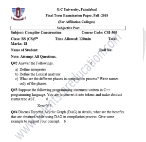 BSCS Computer Science GCUF Past Papers For Affiliated Colleges