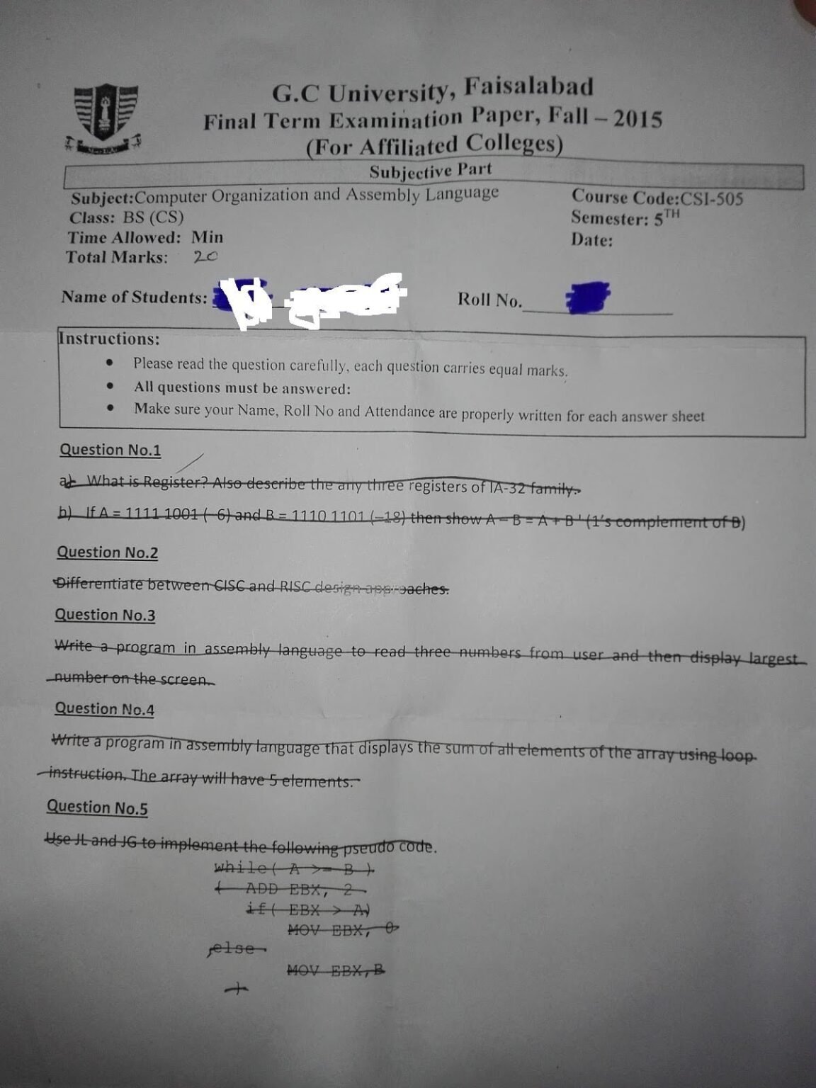 BSCS Computer Science GCUF Past Papers For Affiliated Colleges