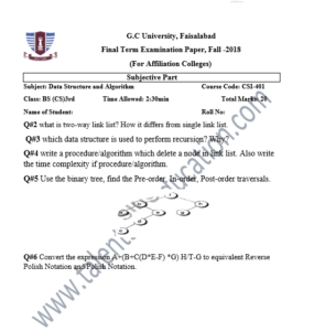 BSCS Computer Science GCUF Past Papers For Affiliated Colleges
