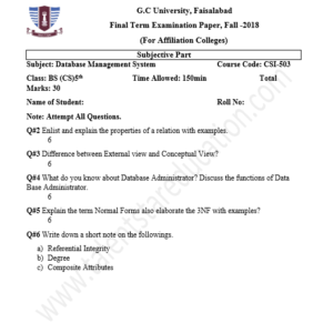 BSCS Computer Science GCUF Past Papers For Affiliated Colleges