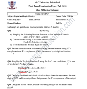 BSCS Computer Science GCUF Past Papers For Affiliated Colleges