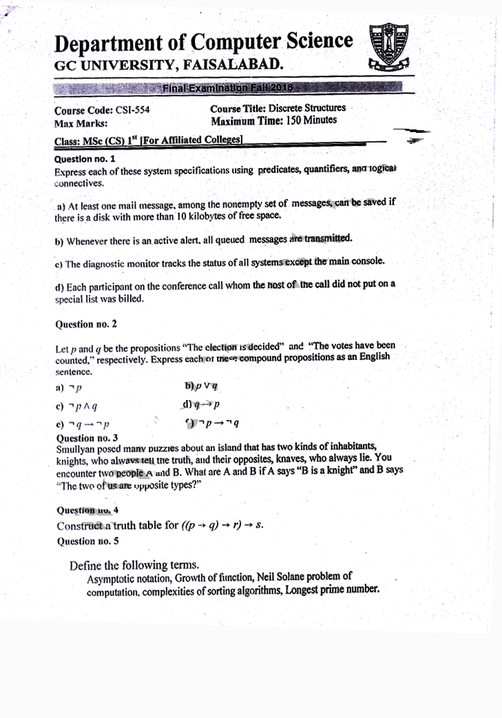 BS.IT (Information Technology) Govt College Faisalabad Past Papers for ...