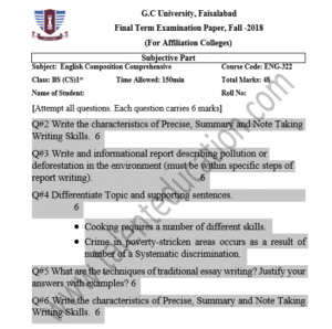 BSCS Computer Science GCUF Past Papers For Affiliated Colleges
