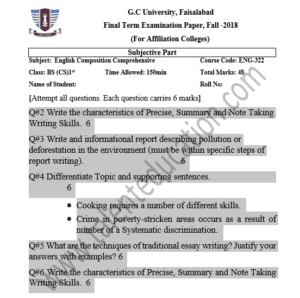 BSCS Gcuf Past Paper For Affiliated Colleges-BSCS Past Paper GCUF