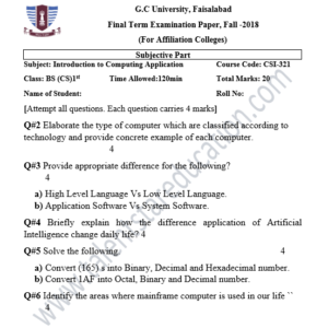 BSCS Computer Science GCUF Past Papers For Affiliated Colleges