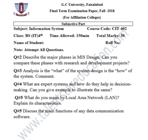BS.IT (Information Technology) Govt College Faisalabad Past Papers for ...