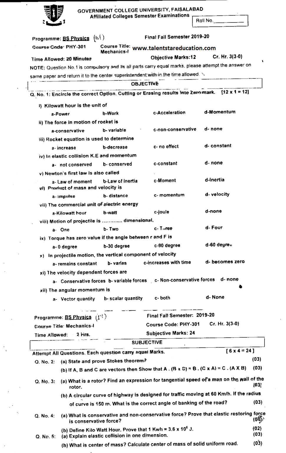 BS. Chemistry GCUF Past Papers for Affiliated Colleges - Talent Star ...