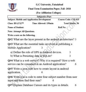 BSCS Gcuf Past Paper For Affiliated Colleges-BSCS Past Paper GCUF