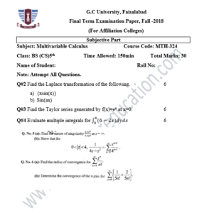 BSCS Computer Science GCUF Past Papers For Affiliated Colleges