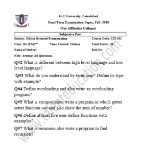 BSCS Computer Science GCUF Past Papers For Affiliated Colleges