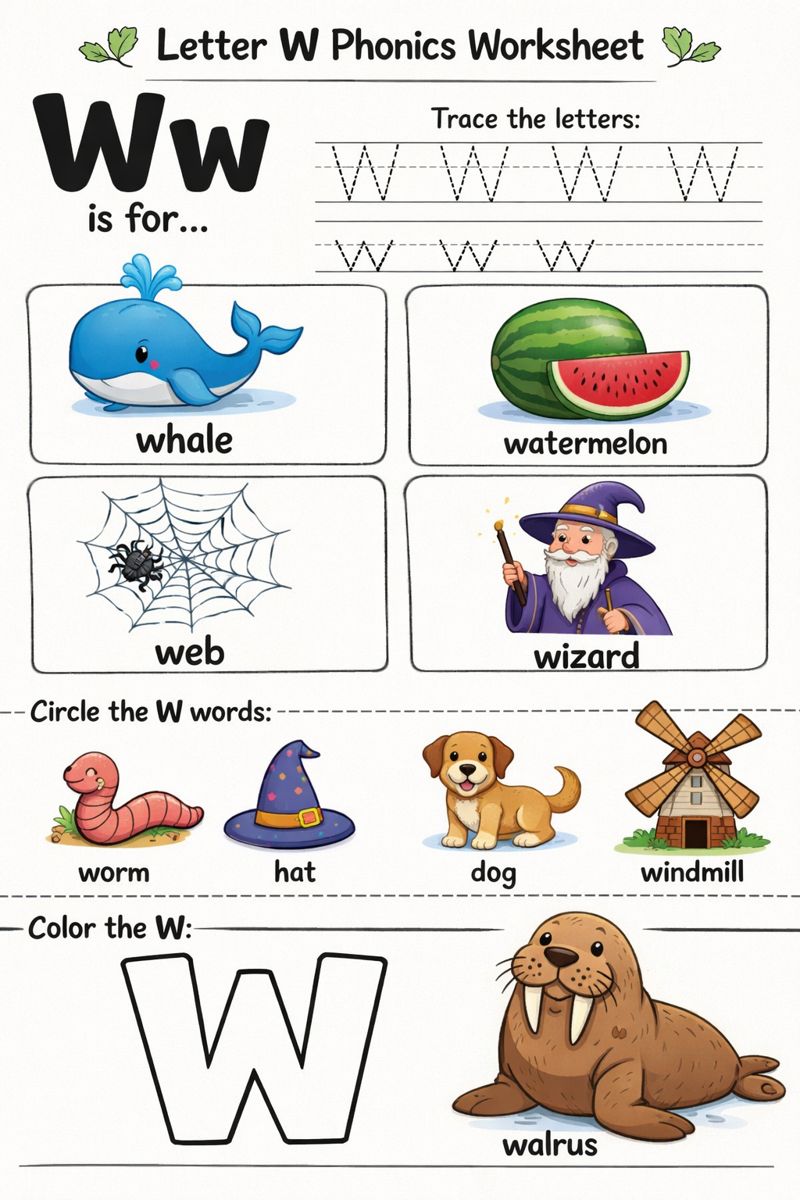 Worksheets for the Letter W